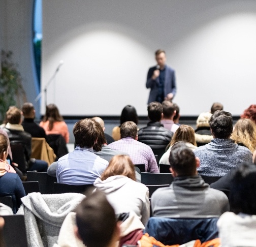 speaker-giving-talk-conference-hall-business-event-audience-conference ...